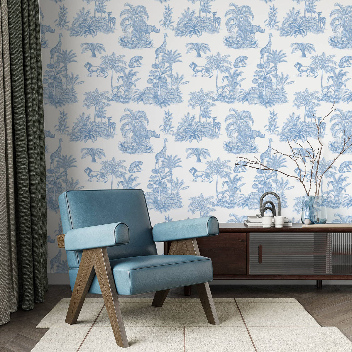 Blue Safari Toile Wallpaper | Hand-Drawn Jungle Wallcovering