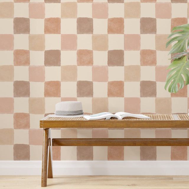 Warm Beige Boho Checkered Wallpaper – EazzyWalls