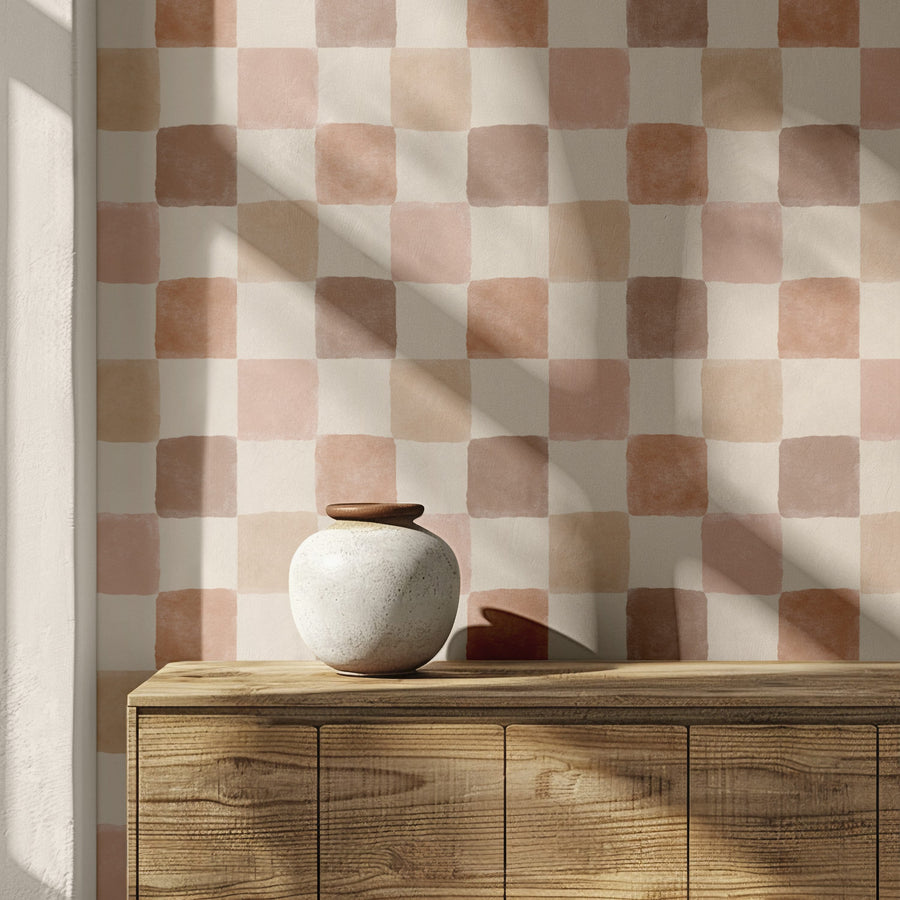 Warm Beige Boho Checkered Wallpaper – EazzyWalls