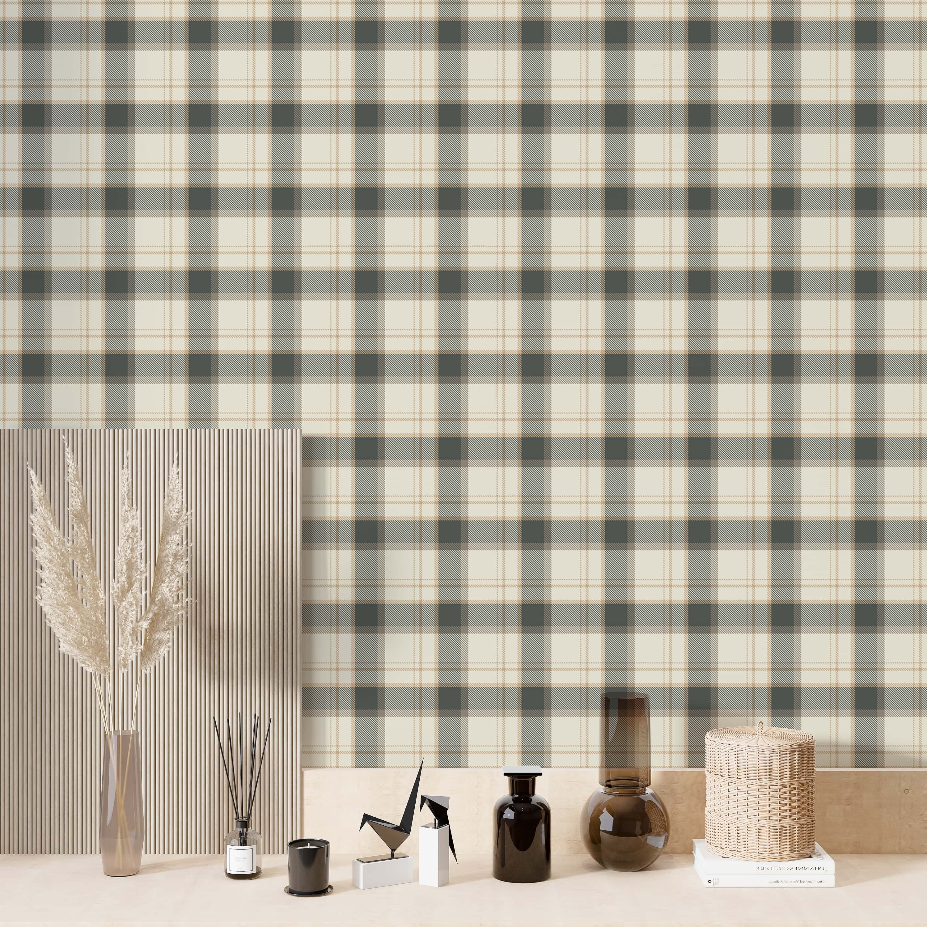 Classic Beige and Gray Plaid Peel and Stick Wallpaper – EazzyWalls