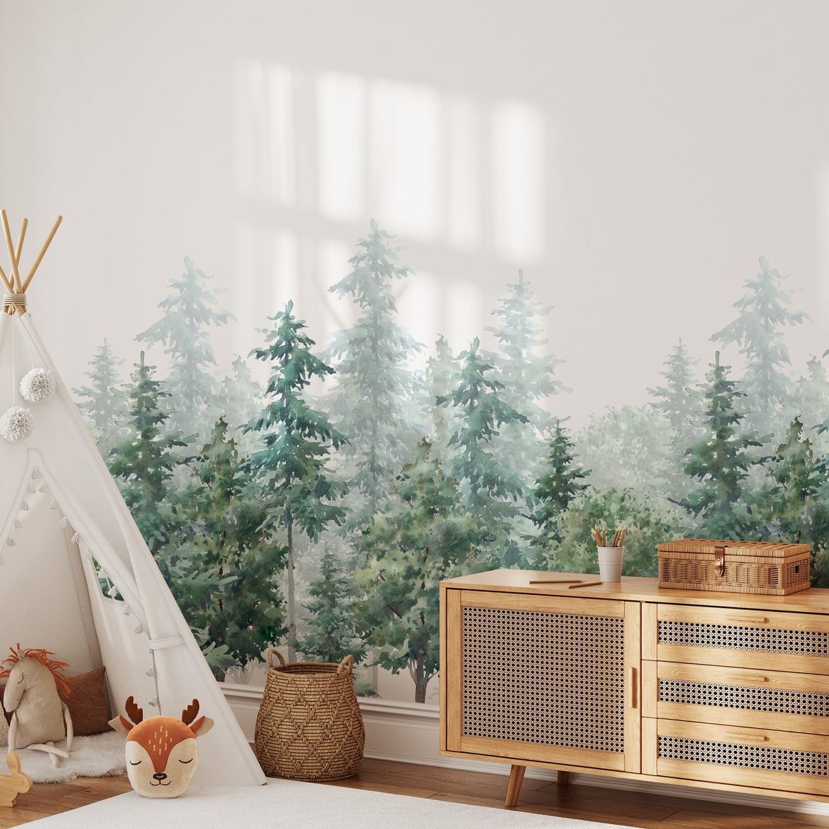 Misty Evergreen Forest Wallpaper | Forest Mural – EazzyWalls
