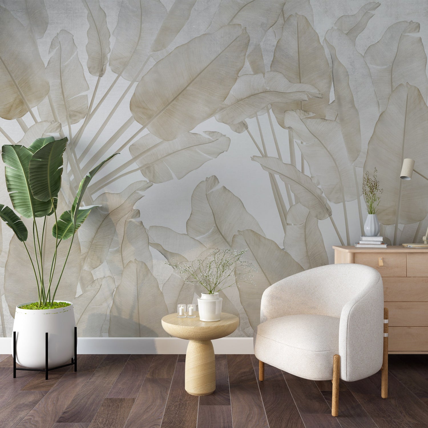 Neutral Toned Banana Leaf Wallpaper Mural | EazzyWalls