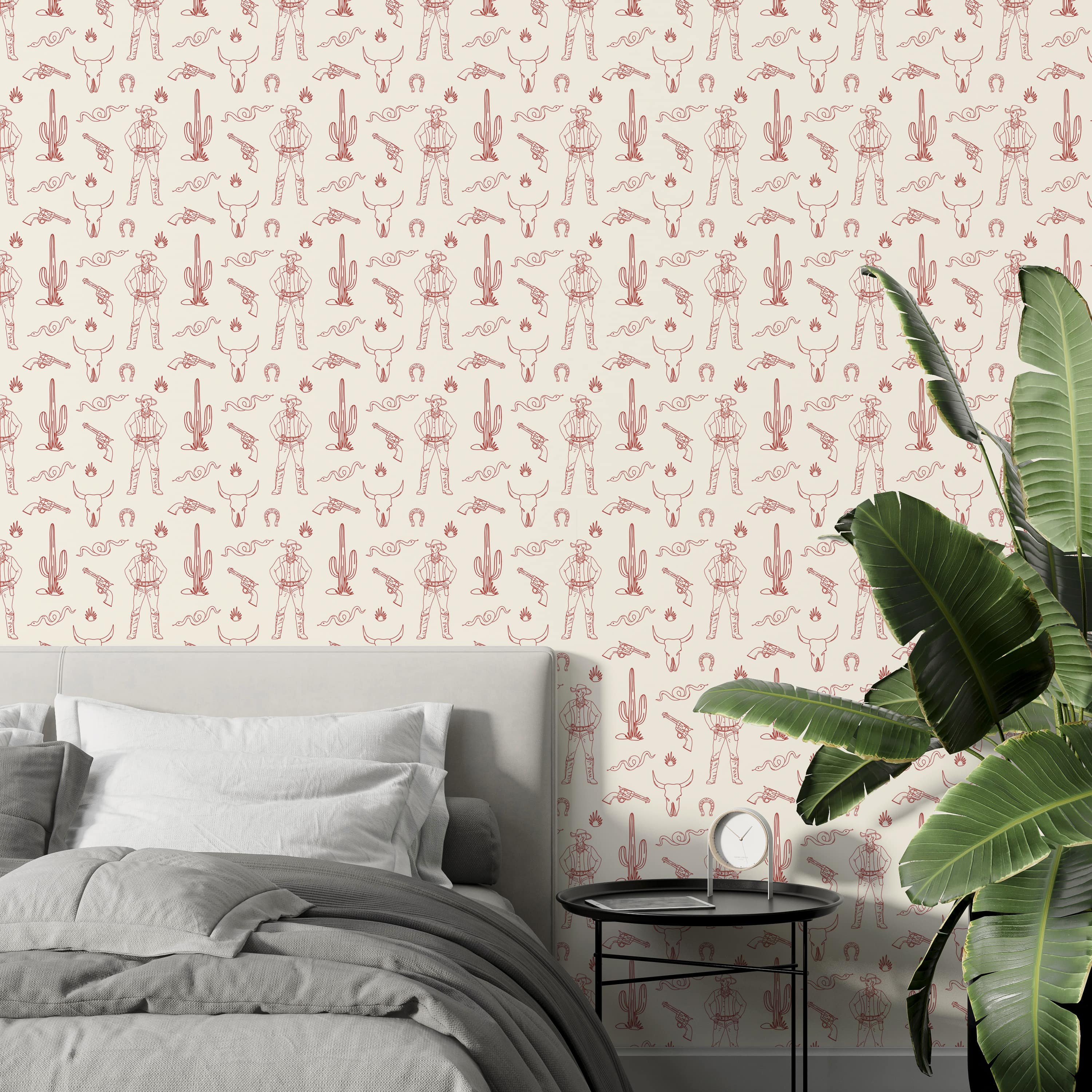 Western Cowboy Wallpaper | Desert Icons in Red Line Art | EazzyWalls