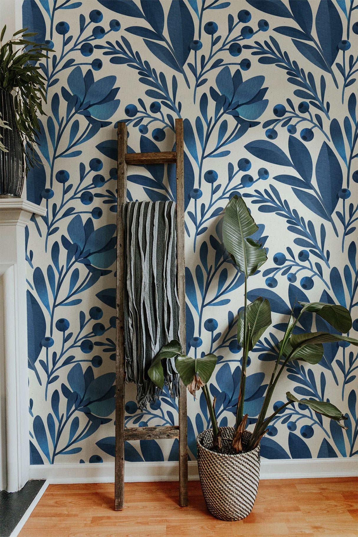 Navy Blue Flowers and Leaves Wallpaper – EazzyWalls