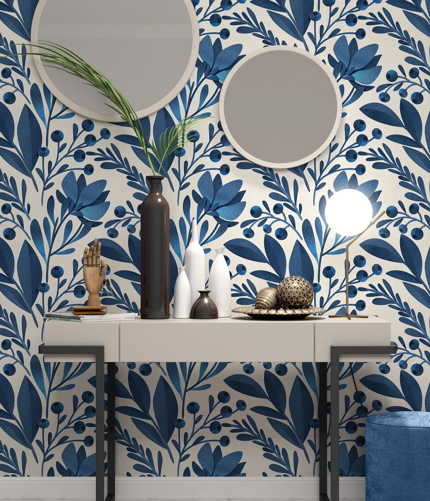 Navy Blue Flowers and Leaves Wallpaper – EazzyWalls
